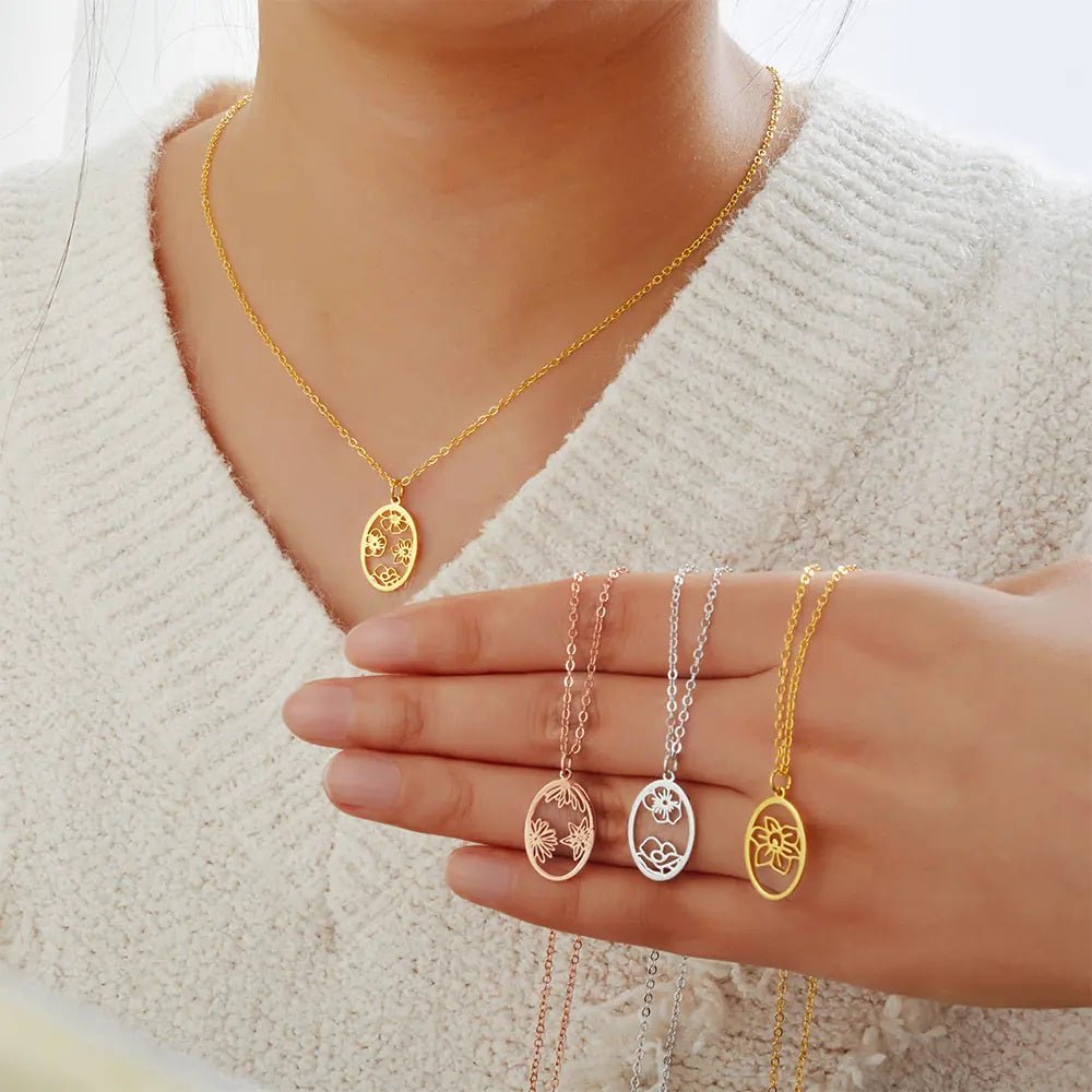 Oval Birth Flower Pendant Necklace in Sterling Silver – United Bracelets