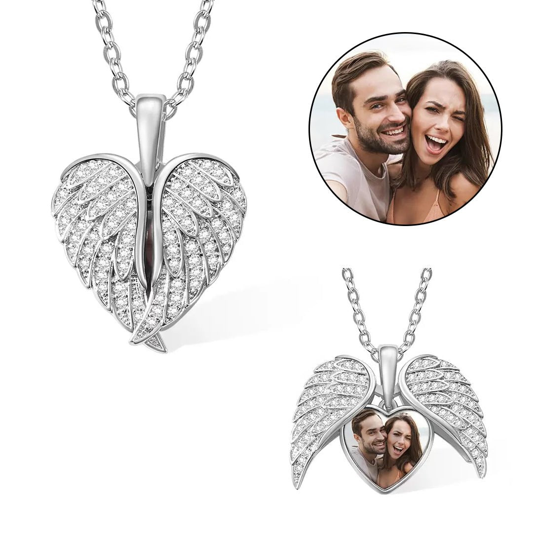 Sparkling Angel Wing Locket with Personalised Heart Shaped Photo ...